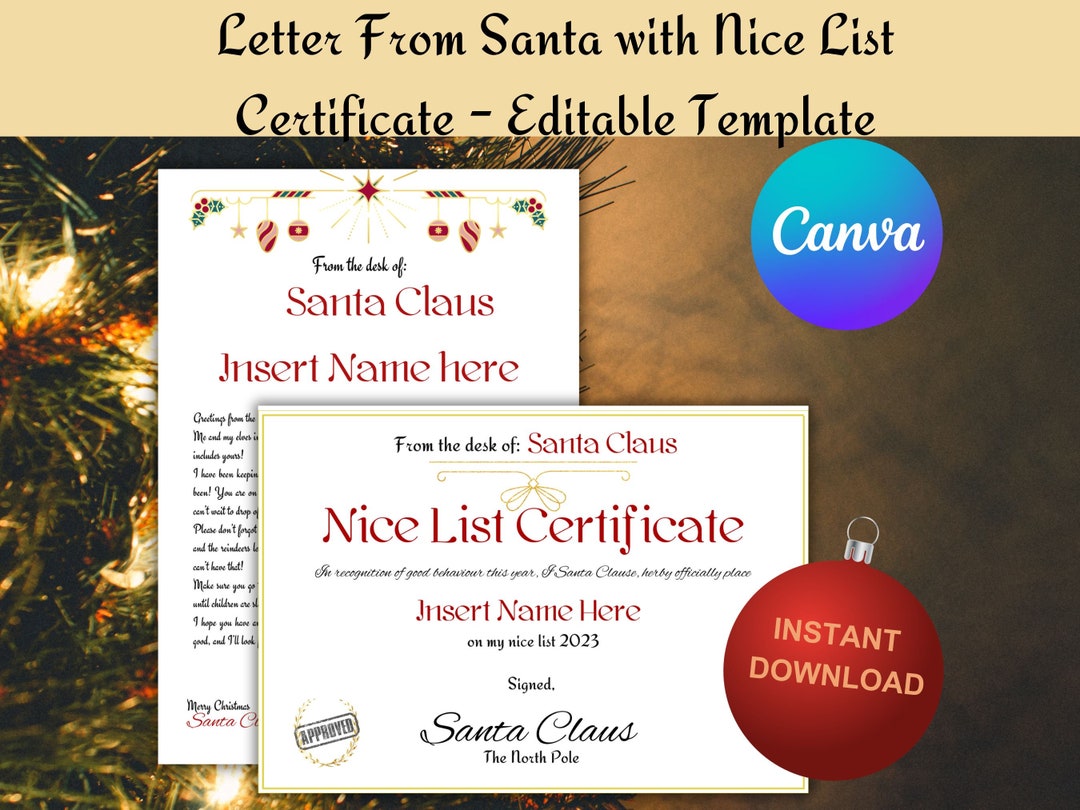 Editable Letter From Santa, Nice List Certificate, Bundle, Editable ...