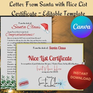 Editable Letter From Santa, Nice List Certificate, Bundle, Editable ...