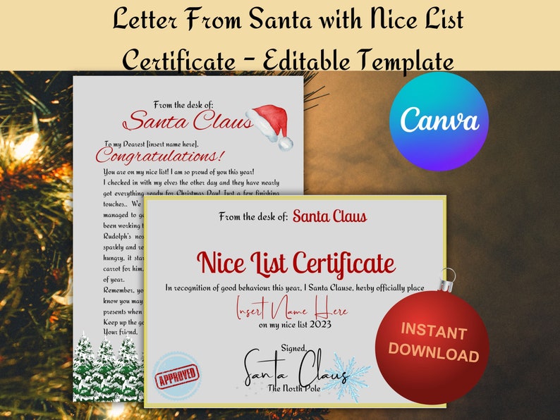 Editable Letter From Santa, Nice List Certificate, Bundle, Editable ...