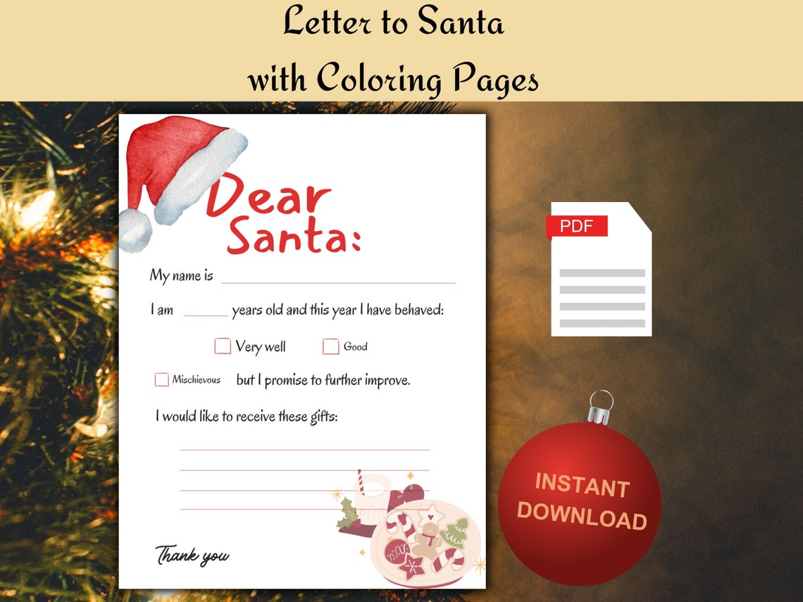Dear Santa, Letter to Santa, Coloring Pages Included, Printable Letter ...