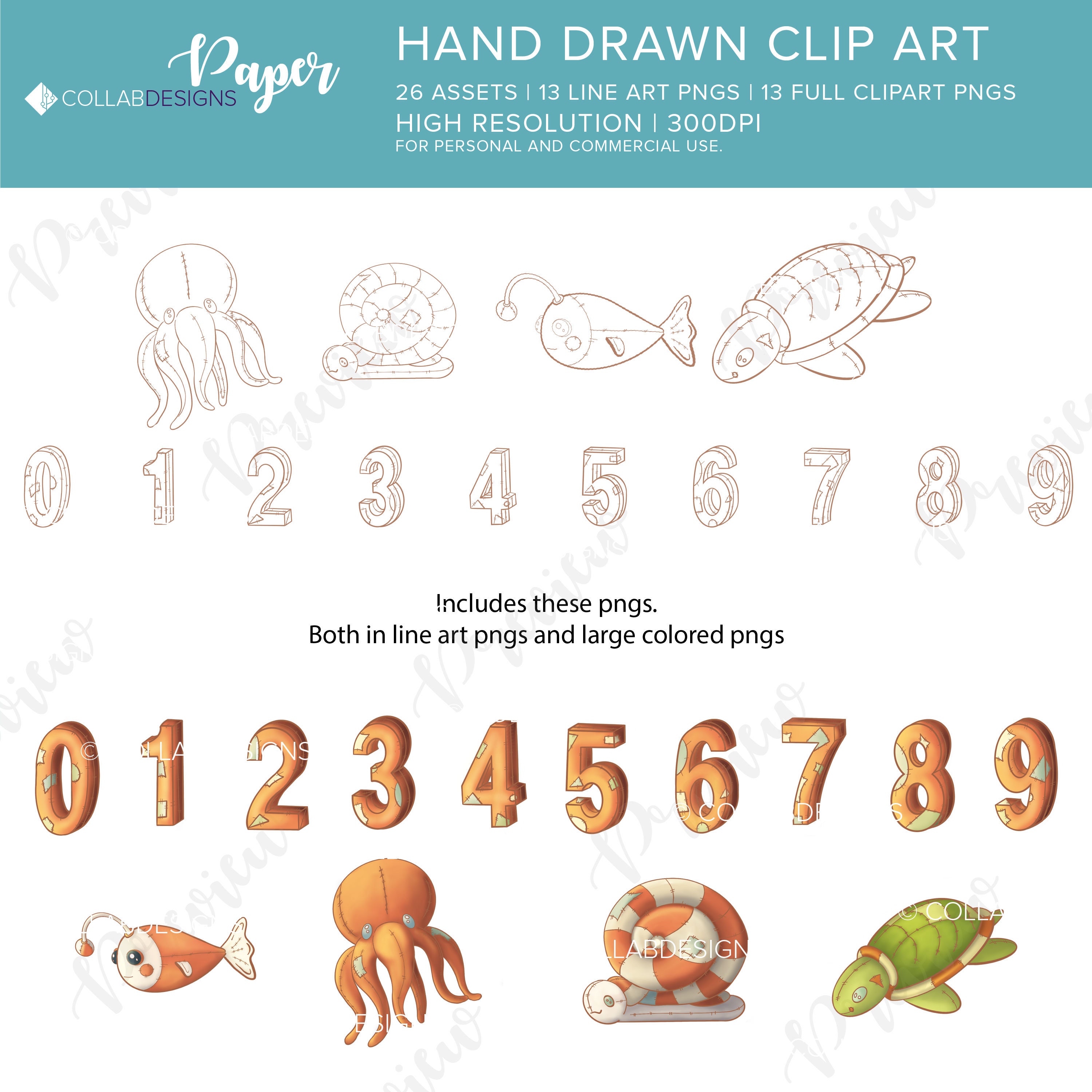 Ocean & Numbers Patch Work Clipart Line Art Pngs - Etsy