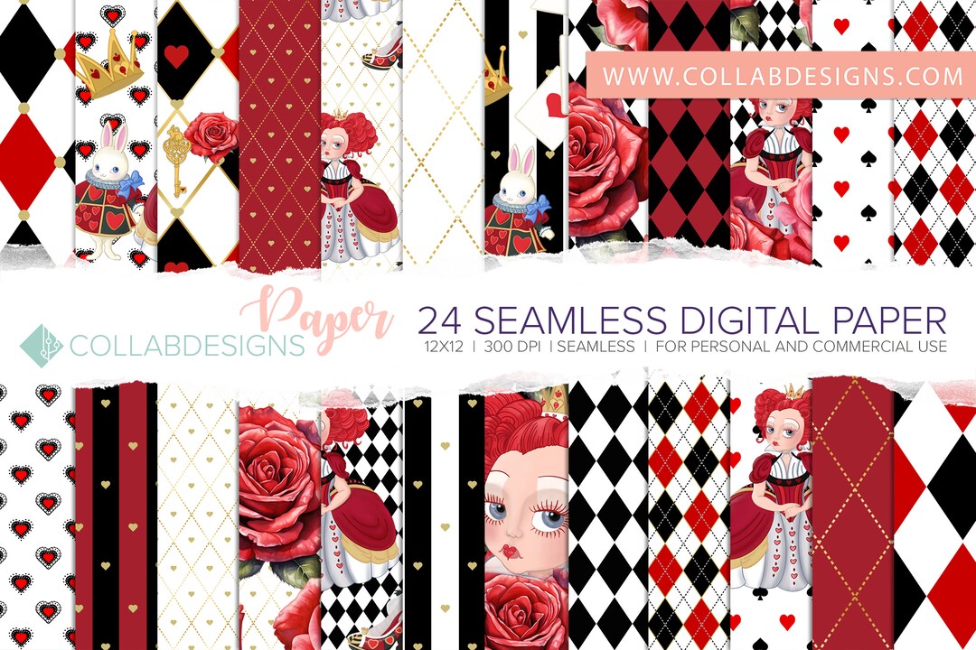 Red Queen of Hearts Seamless Digital Paper Pattern Planner Paper ...