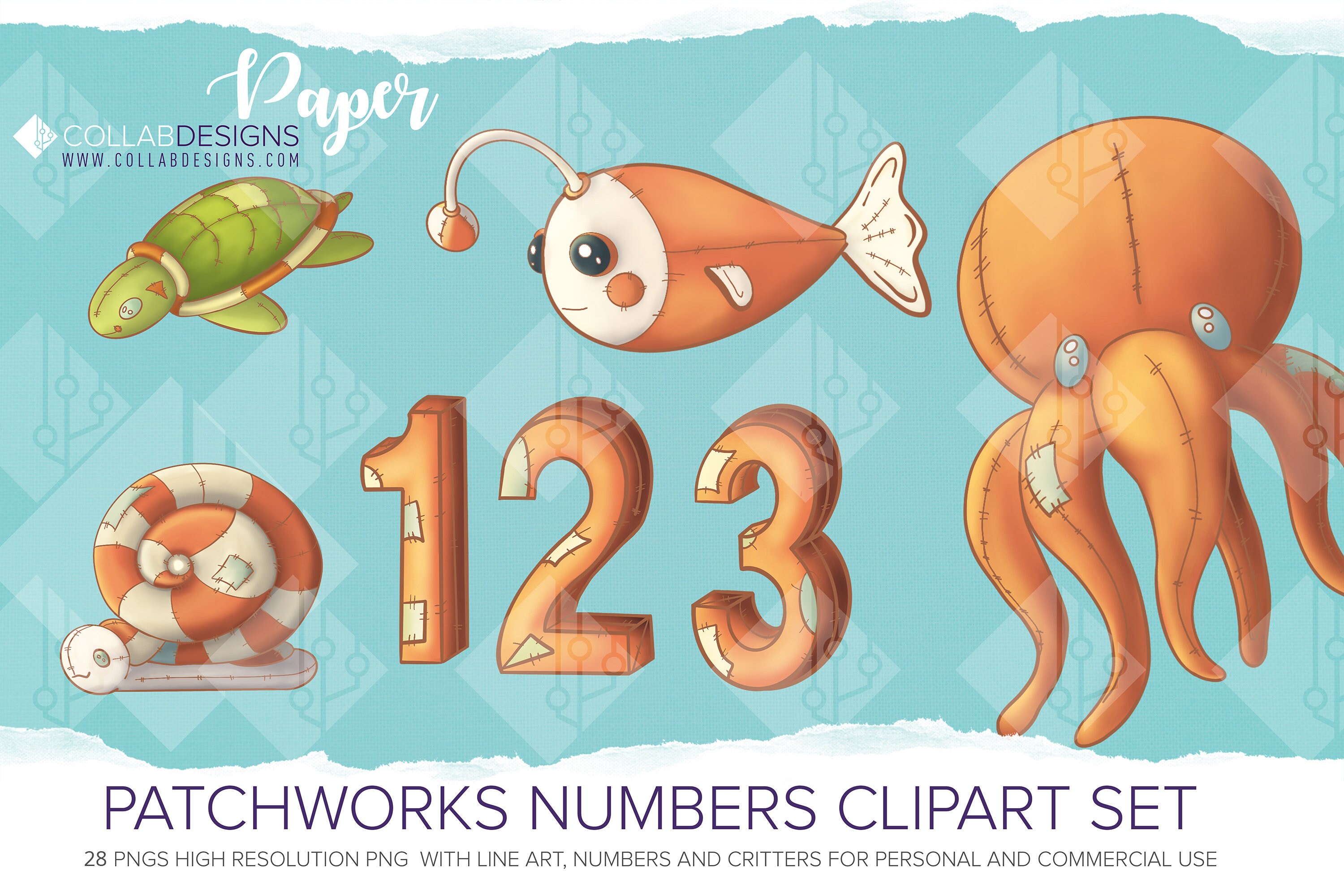 Ocean & Numbers Patch Work Clipart Line Art Pngs - Etsy