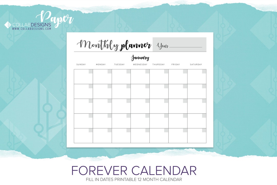 Monthly Planner Calendar 12 Month Organizer 2020 Fill in Year Fill in ...
