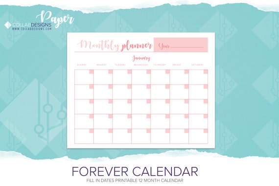 Monthly Planner Calendar 12 Month Organizer 2020 Fill in Year - Etsy