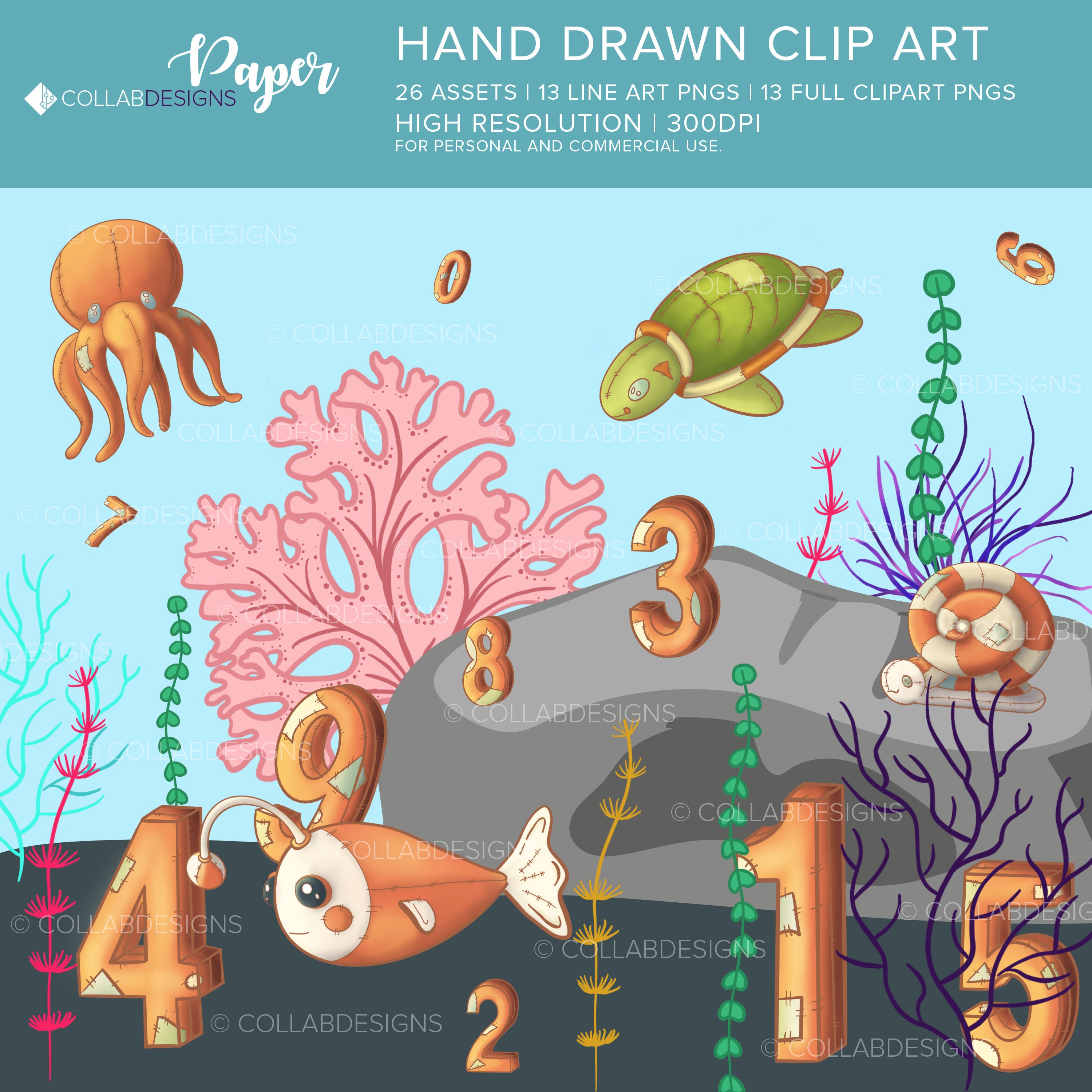 Ocean & Numbers Patch Work Clipart Line Art Pngs - Etsy