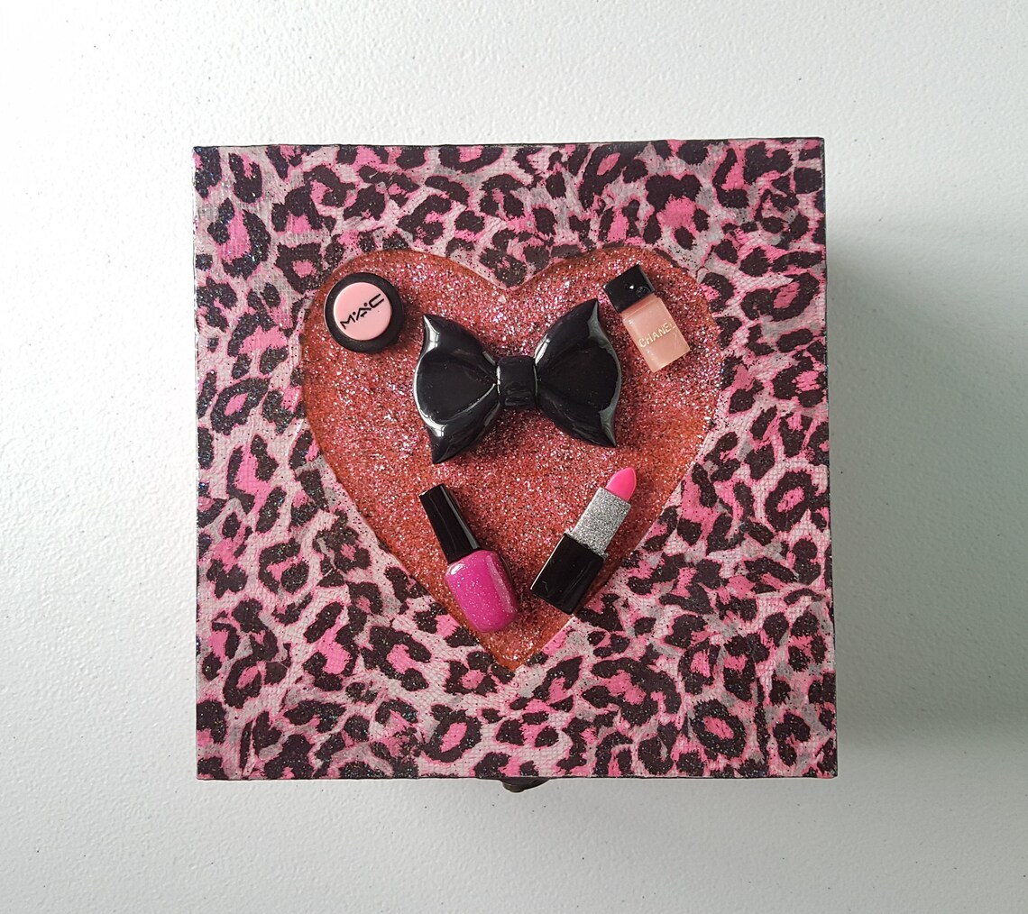 I Love Makeup Heart Leopard Print Decoupage Wooden Makeup Box | Etsy