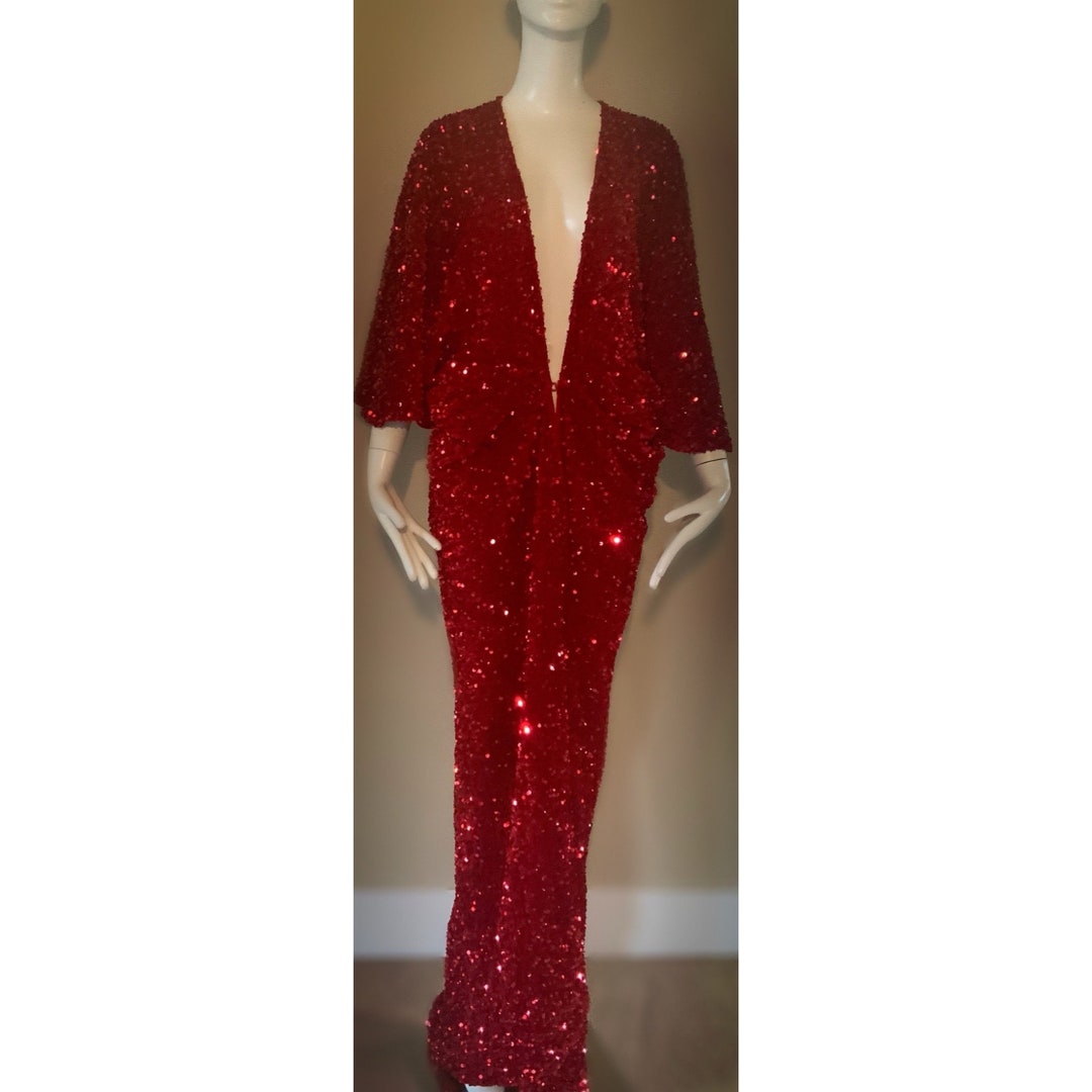 Bright Red,sequin Velvet Gown-art Deco-old Hollywood-angel Wing Sleeve ...