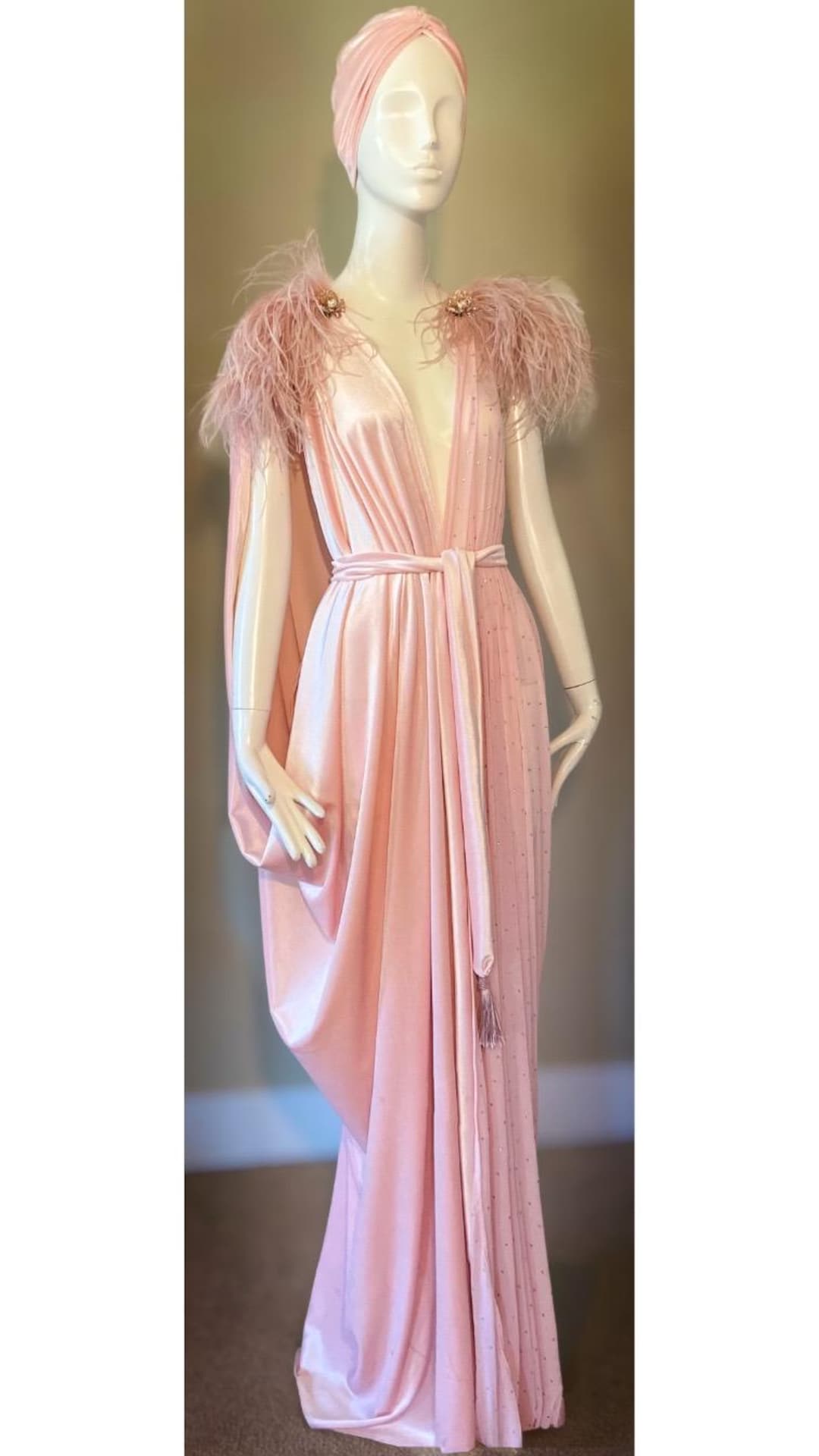Grecian Goddess Gown ,pink Velvet-sheer Mesh,ostrich Feather Trim ...