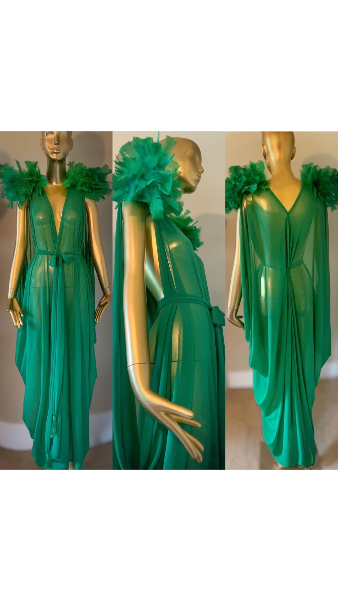 Grecian Goddess Sheer Emerald Gown, Feather Trim,bridal,burlesque,drag ...