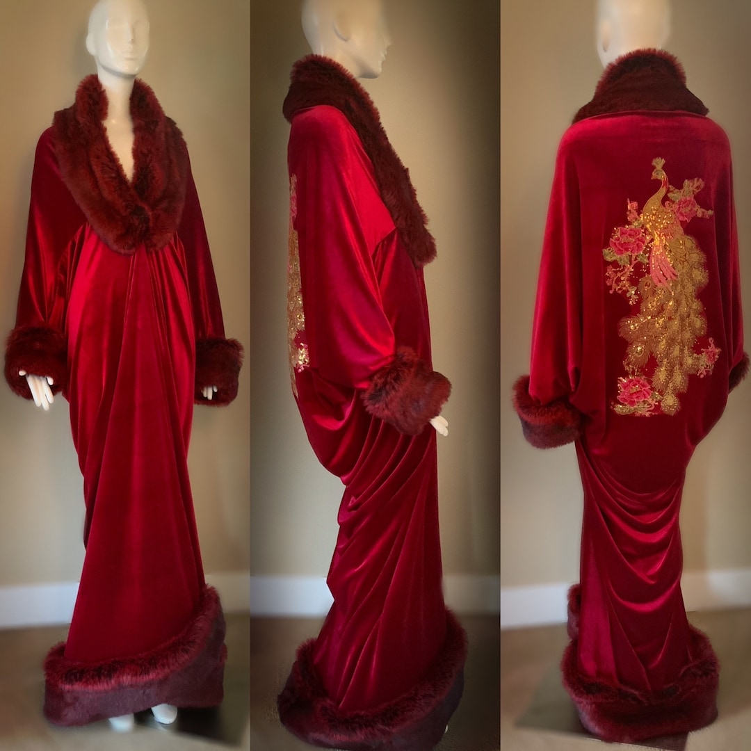 Red Velvet-1920s-old Hollywood Robe-handmade-full Length Robe-faux Fur ...