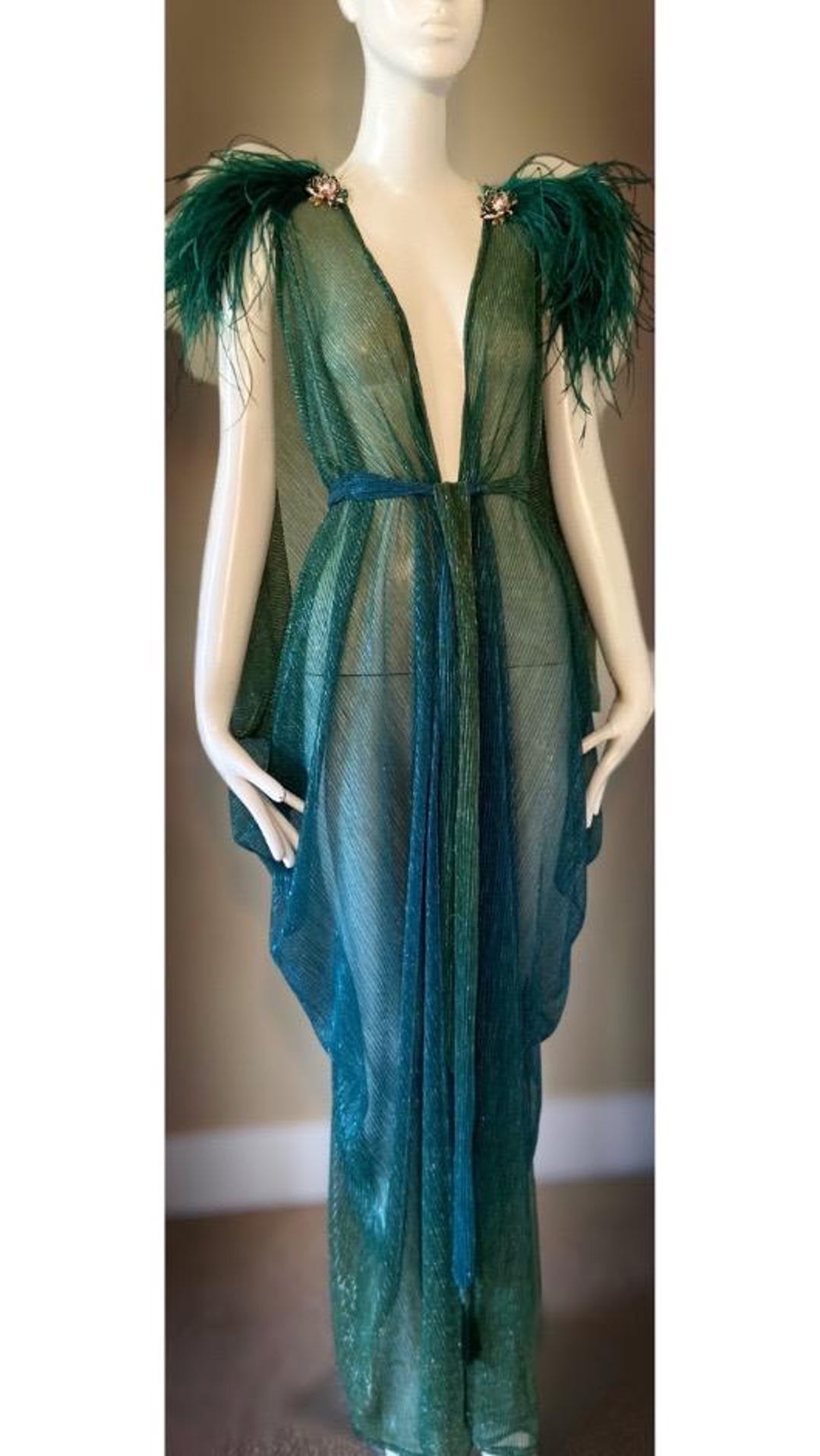 Grecian Goddess Sheer Lurex Gown,ostrich Feather Trim,bridal,burlesque ...