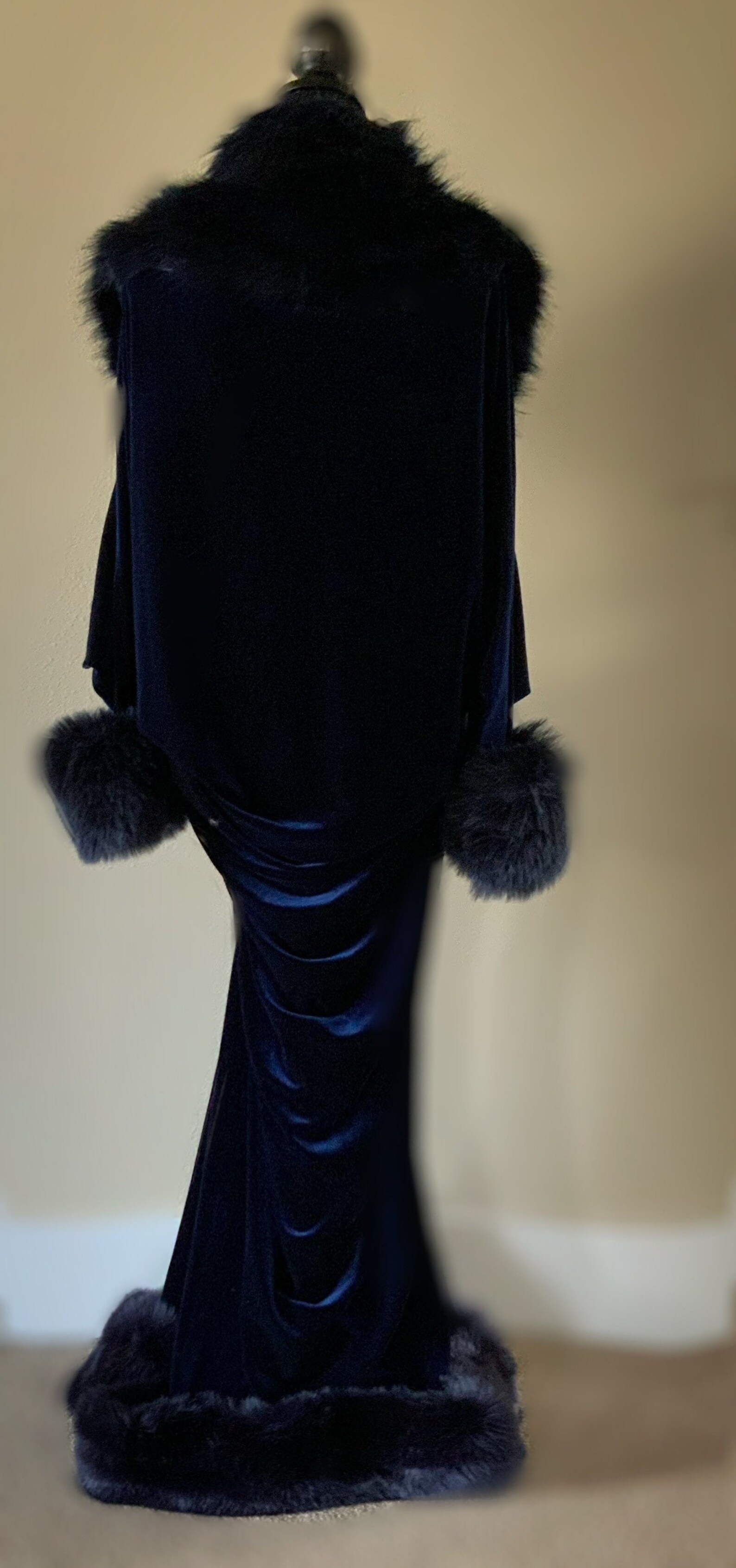 Dark Navy Blue Velvet-velvet Robe-faux Fur Collar-old - Etsy