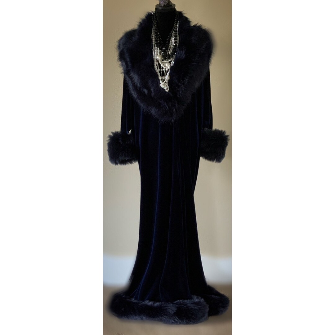 Dark Navy Blue Velvet-velvet Robe-faux Fur Collar-old Hollywood-1920s ...
