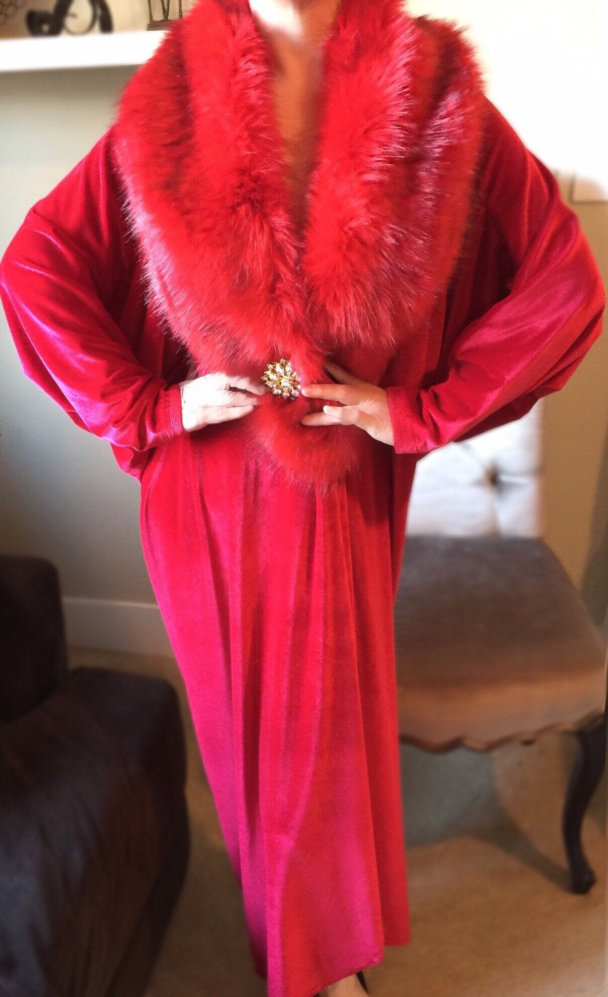 Red Velvet Robe-faux Fur Collar-old Hollywood-1920s Style-red - Etsy