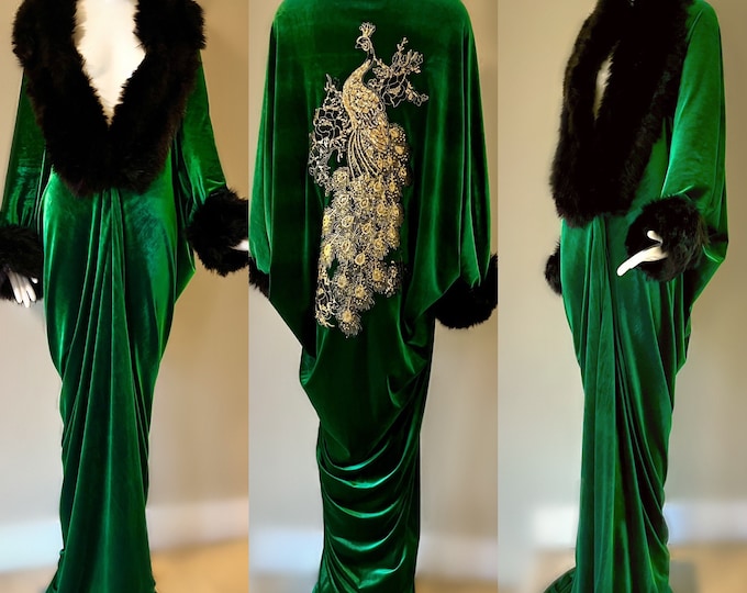 Handmade Emerald Green Velvet Robe,faux Fur Collar, Old Hollywood Robe ...