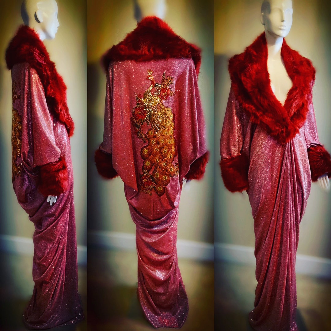 Glitter Iridescent Bright Red handmade cocoon Robe-faux Fur Trim-old ...