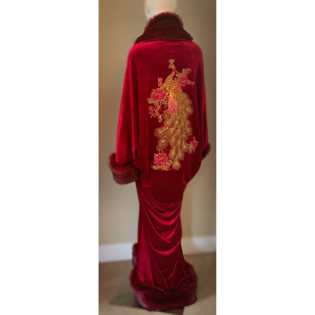 Red Velvet-1920’s-old Hollywood Robe-handmade-full Length Robe-faux Fur ...