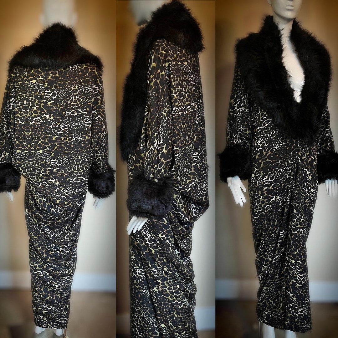 Leopard Print Silky 1920s-old Hollywood Style Robe With Faux Fur Trim ...
