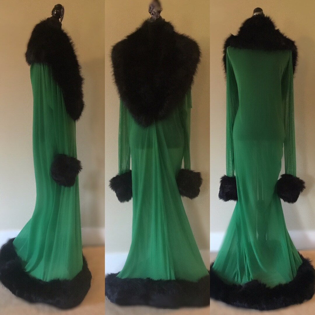 Handmade, Emerald Green,sheer Cocoon Robe, Black Faux Fur Collar,cuffs ...