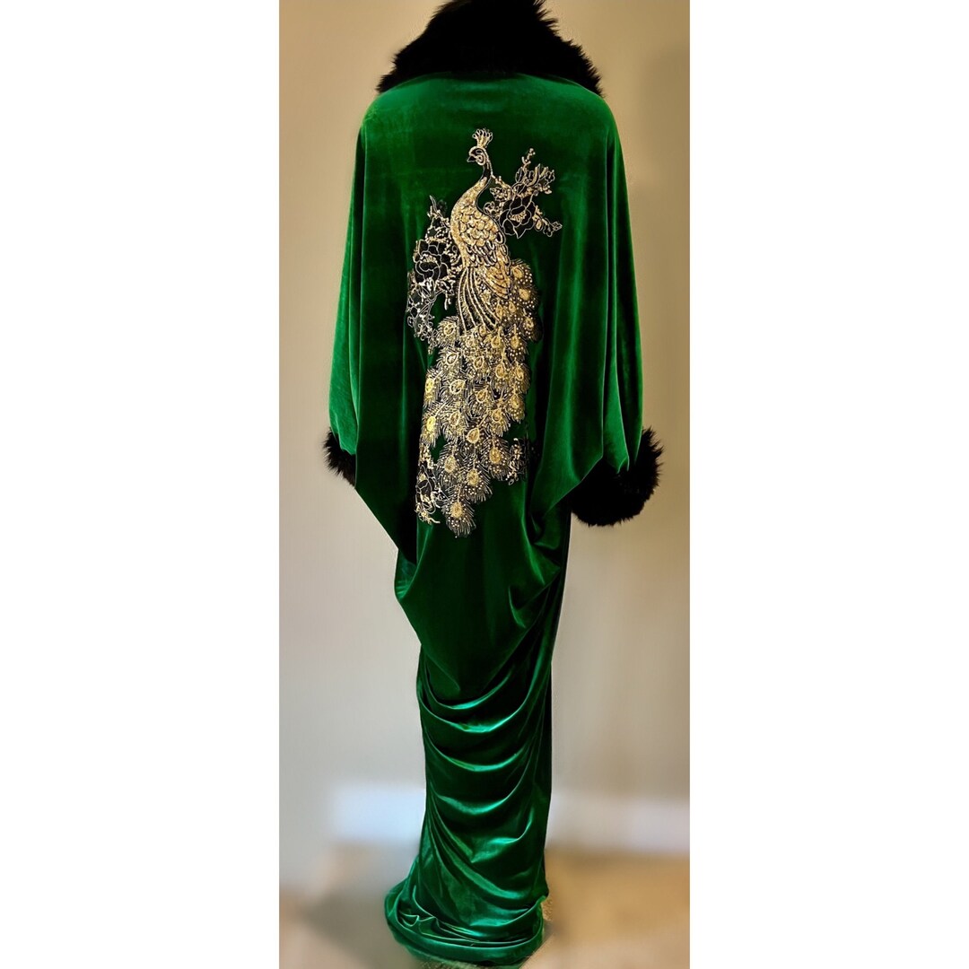 Handmade Emerald Green Velvet Robe,faux Fur Collar, Old Hollywood Robe ...