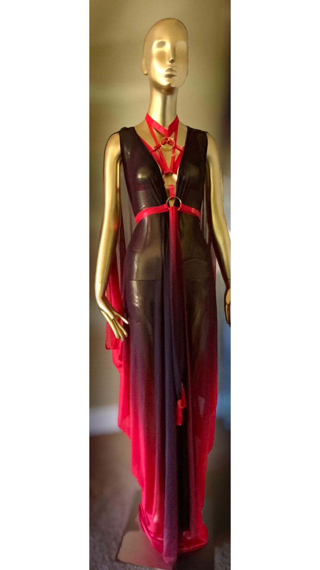 Grecian Goddess Gown With Cage Harness in Sheer Black and Red Mesh ...
