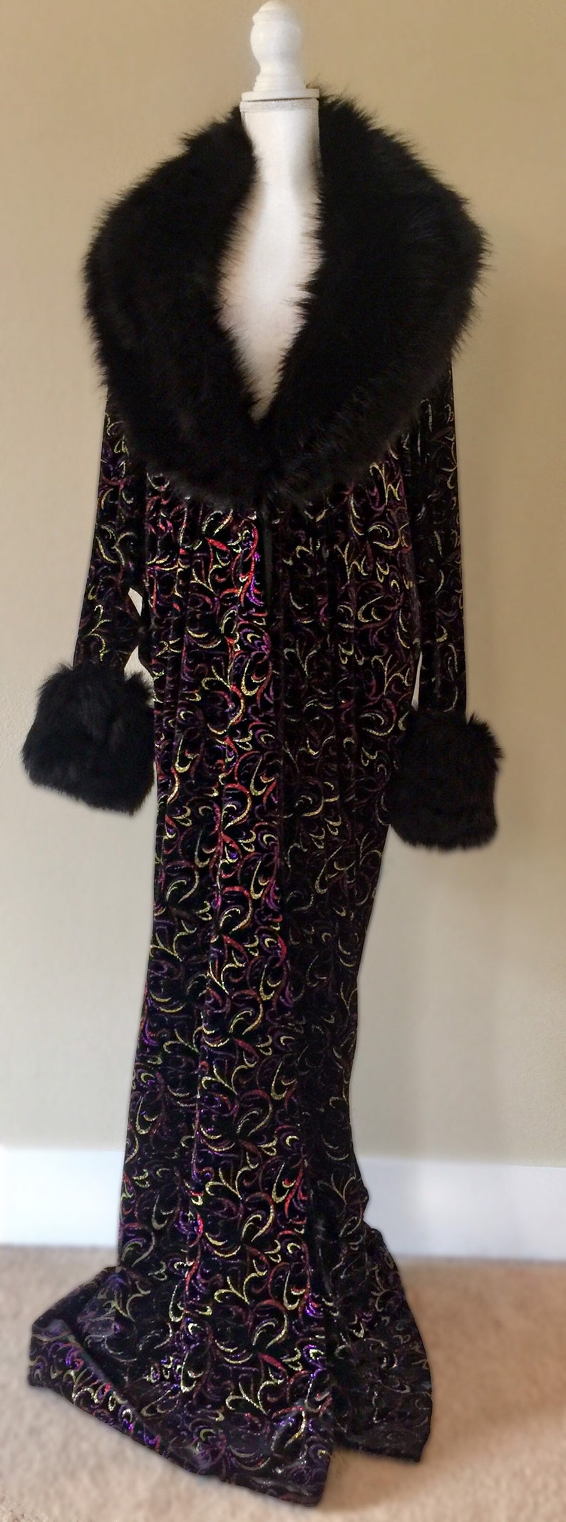Handmade Black Glitter Velvet Cocoon Robe Faux Fur Collar | Etsy