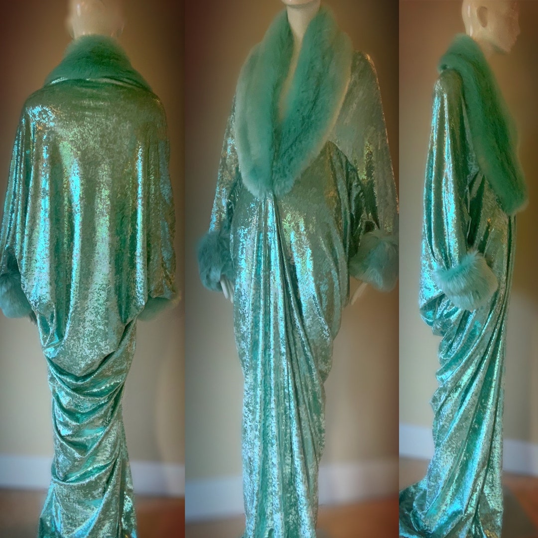 Old Hollywood Robe-metallic Sheen Mint Velvet Cocoon Robe-faux Fur Trim ...
