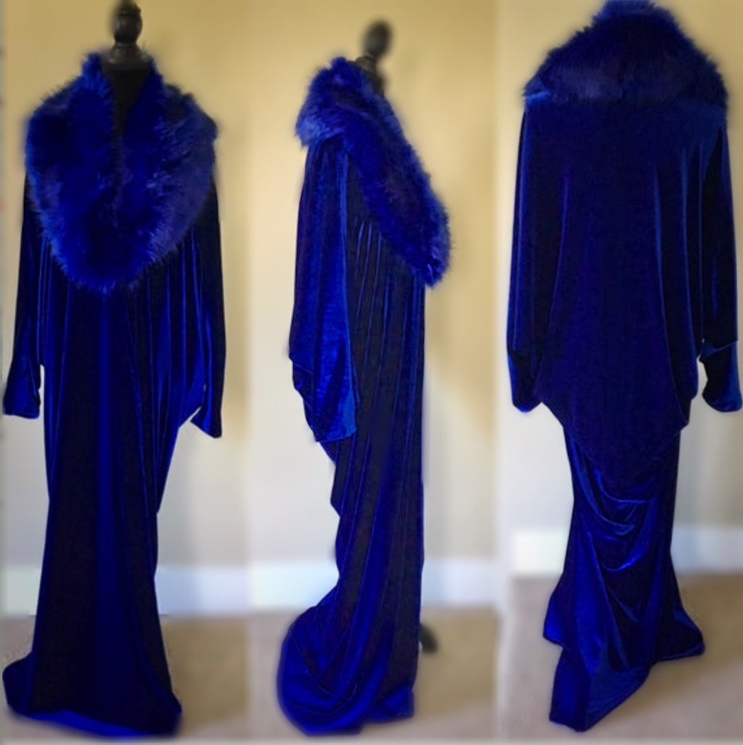 Custom Made-royal Blue-velvet Cocoon Robe-faux Fur Collar-old Hollywood ...
