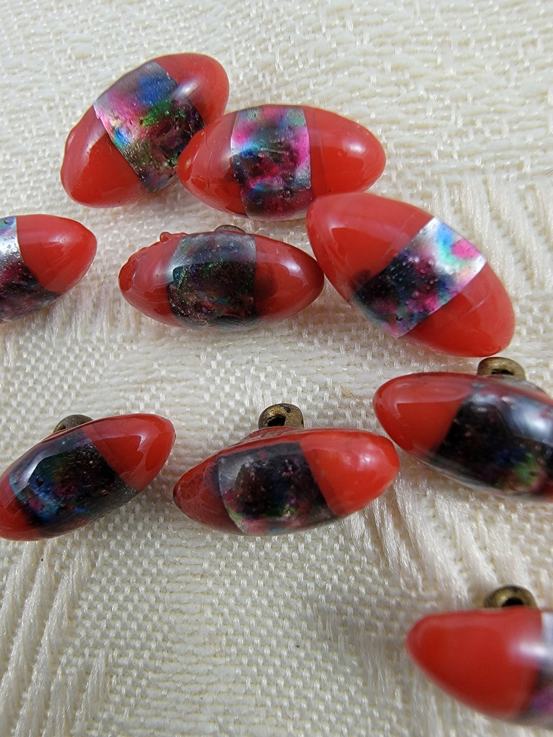Vintage Red Glass Spindle Buttons: Silver Foil Overlay, Brass Shank ...