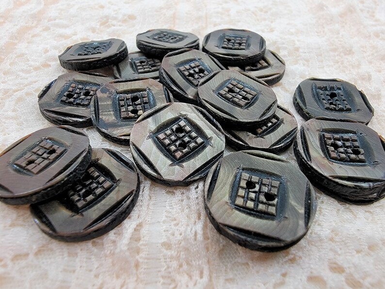 Vintage Brown and Black Carved Celluloid Wafer Sew Thru Buttons - Set ...