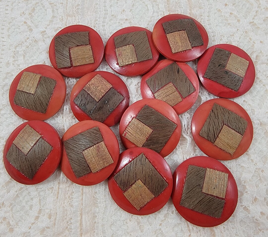 Vintage Red Celluloid With Brown Wood Inlay Self Shank Buttons - Set of ...