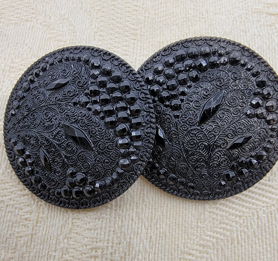 Vintage Antique Highly Detailed Black Glass Buttons With Brass Plate ...
