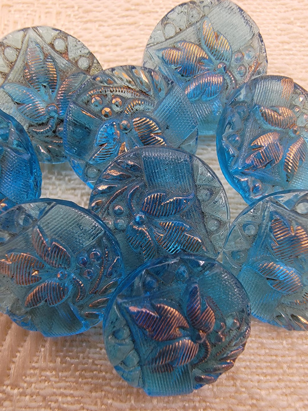 Vintage Small Leaf Design Blue Glass Gold Accent Buttons With Self ...