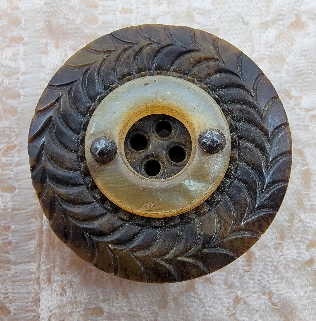 Vintage Brown Carved Composite Shell Steel Accent Sew Thru Button - Etsy