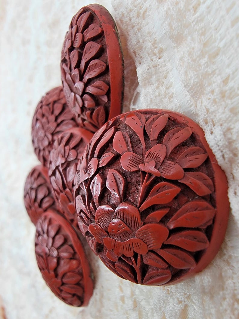 Vintage Large Flower Design Red Lacquer Carved Cinnabar Over Metal ...