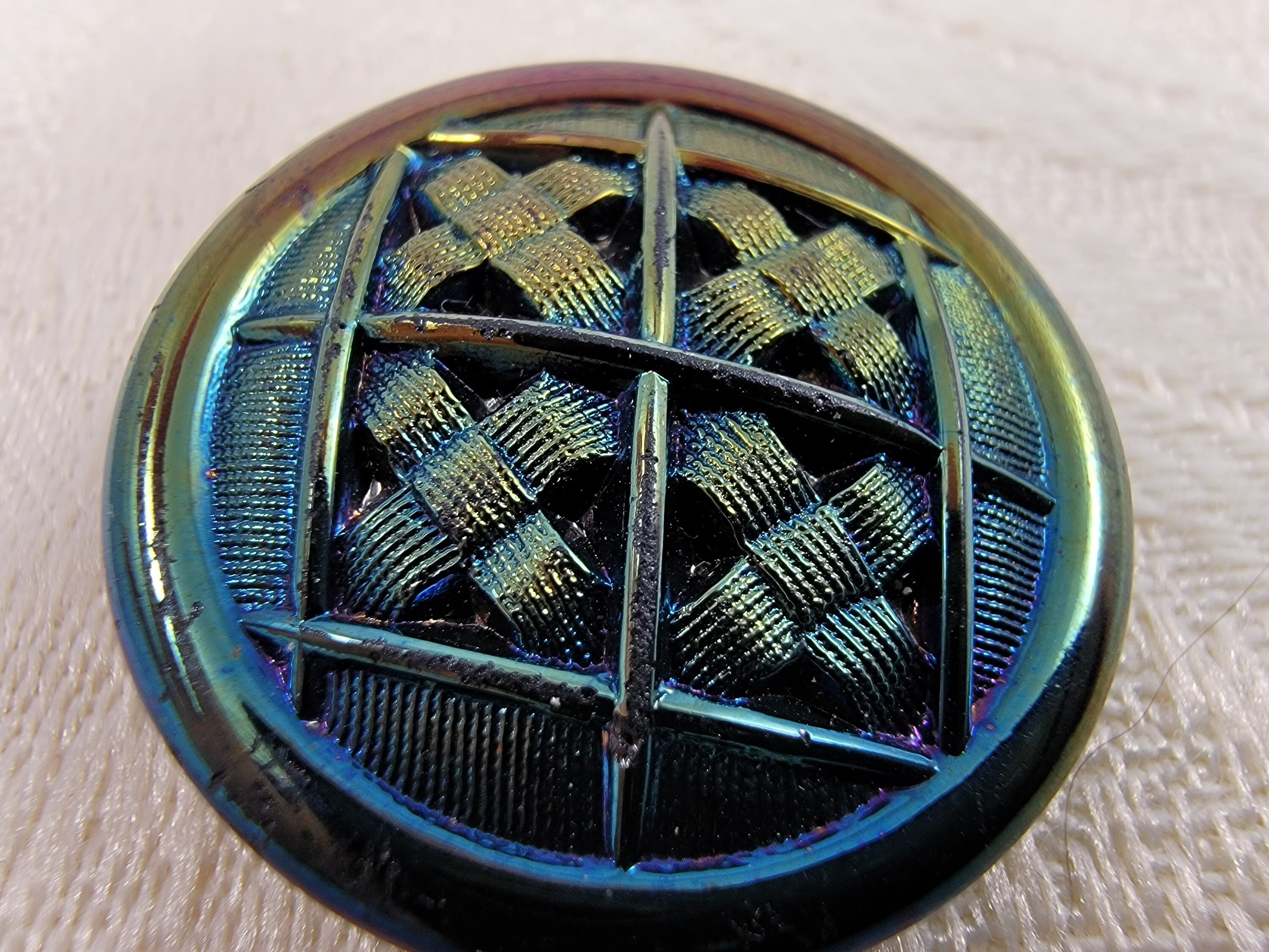 Vintage Antique Iridescent Black Glass Diamond Pattern Brass Box Shank ...
