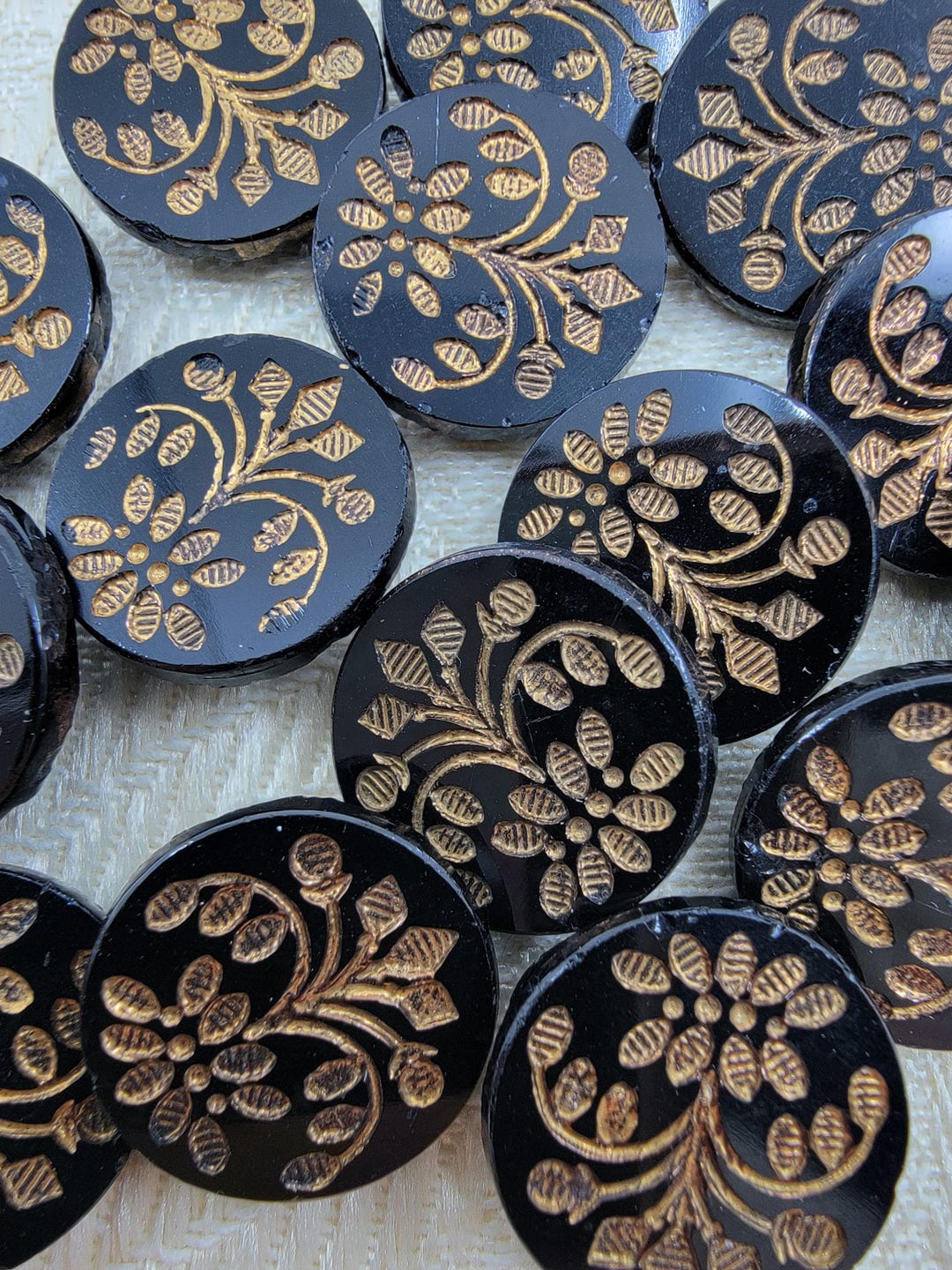 Vintage Antique Stylized Plant Design Gold Lustre Black Glass Buttons ...