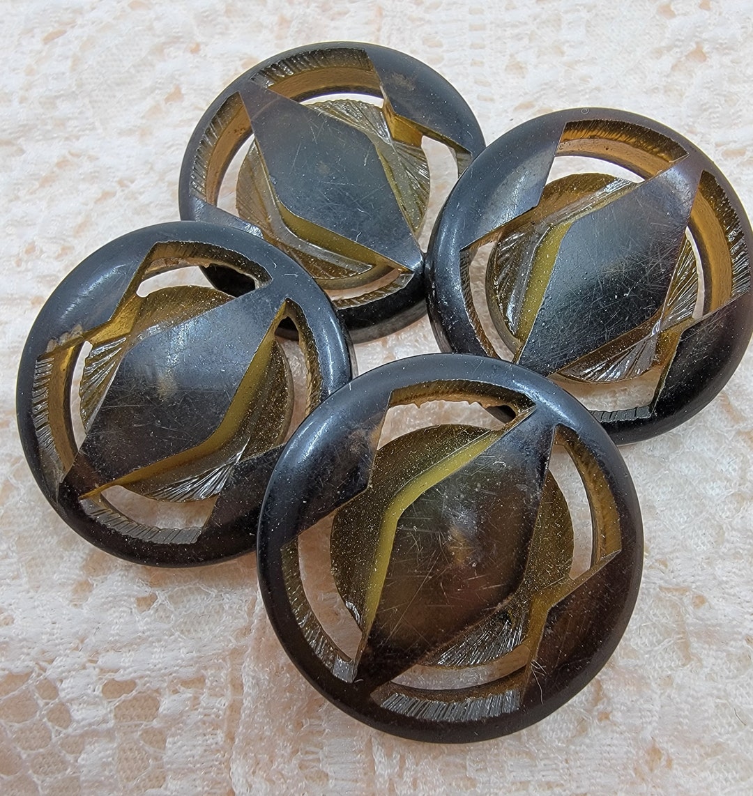 Vintage Black and Cream Carved Celluloid Buttons With Metal Shanks ...