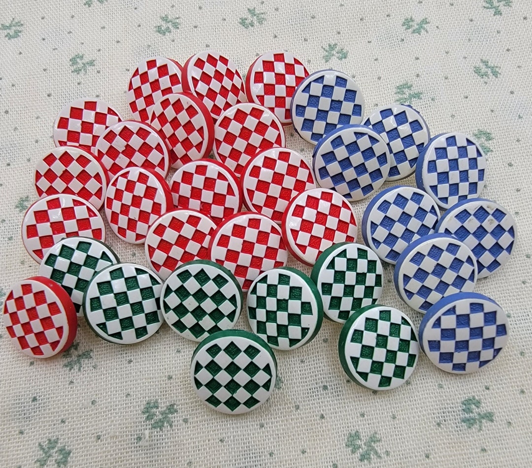 Vintage Checkerboard Pattern Red Blue Green White Plastic Buttons With ...