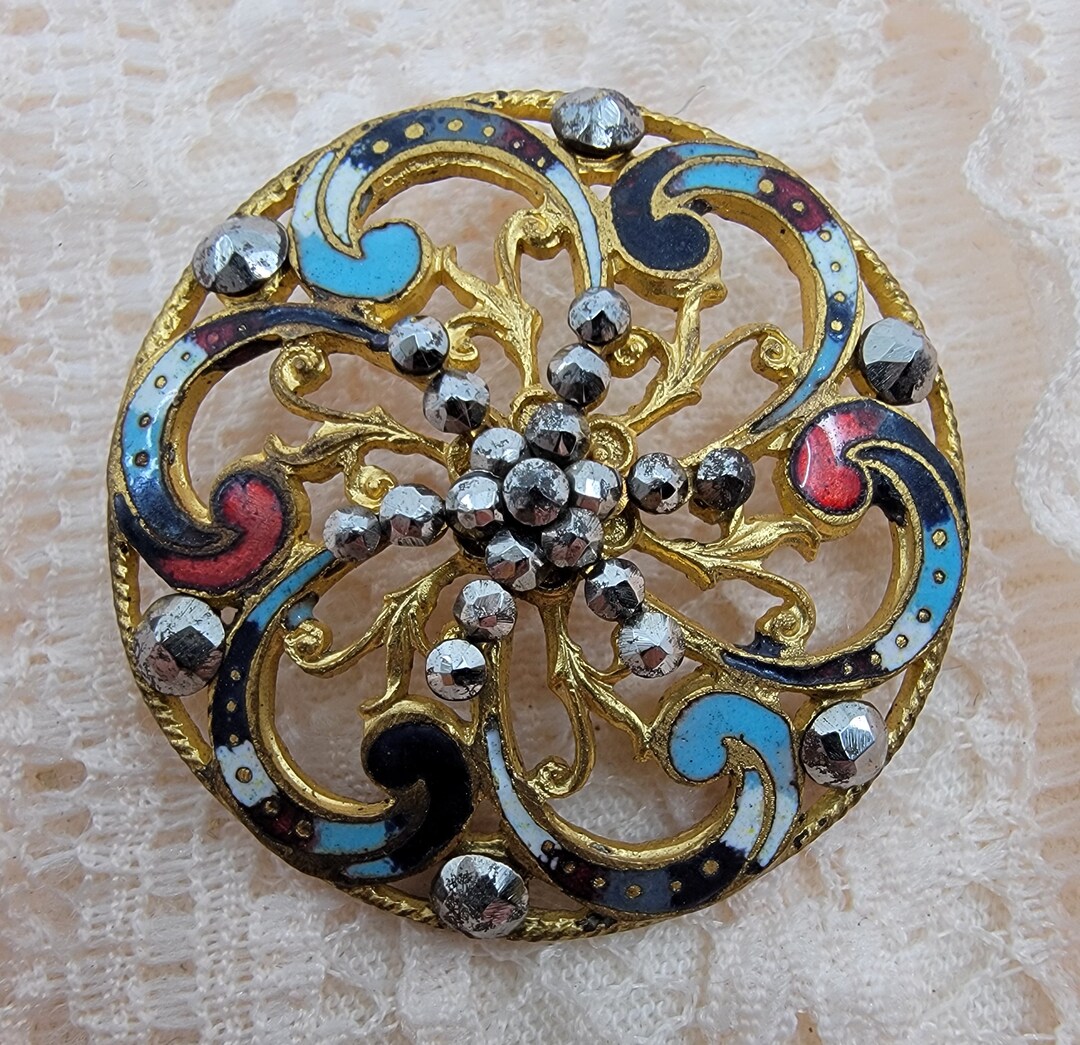 Vintage Large Openwork Enamel Steel and Brass Button With Brass Shank ...