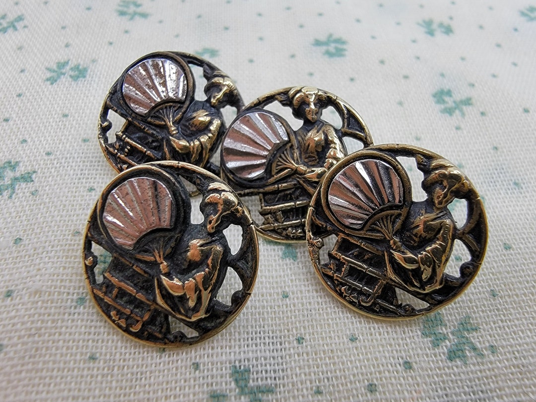 Vintage Small Brass and White Metal Yum Yum Openwork Picture Buttons ...