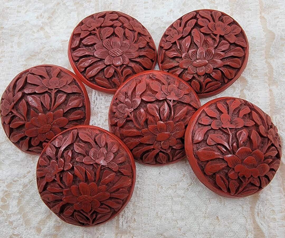 Vintage Large Flower Design Red Lacquer Carved Cinnabar Over Metal ...