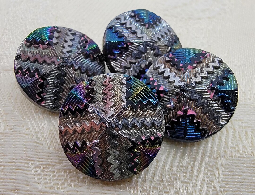Vintage Black Glass Buttons: Iridescent Silver Ribbon Cross, Brass ...