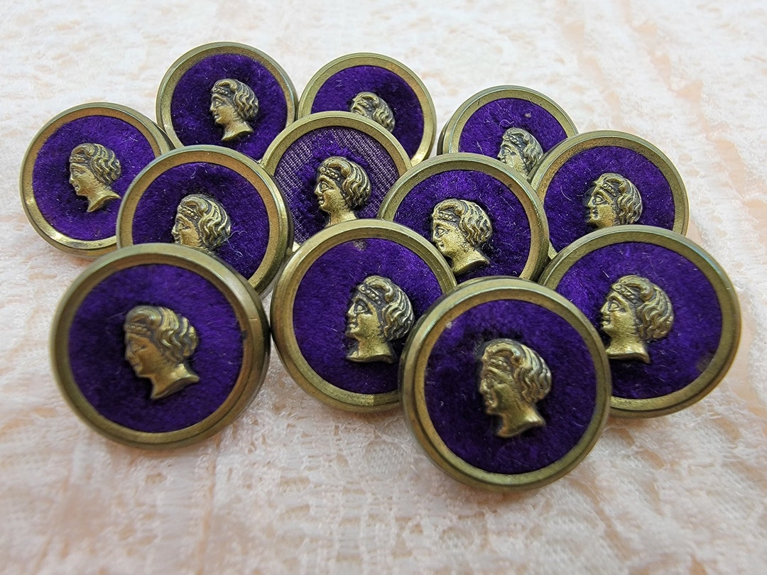 Vintage Antique Brass Cameo Escutcheon Purple Velvet Perfume Buttons ...