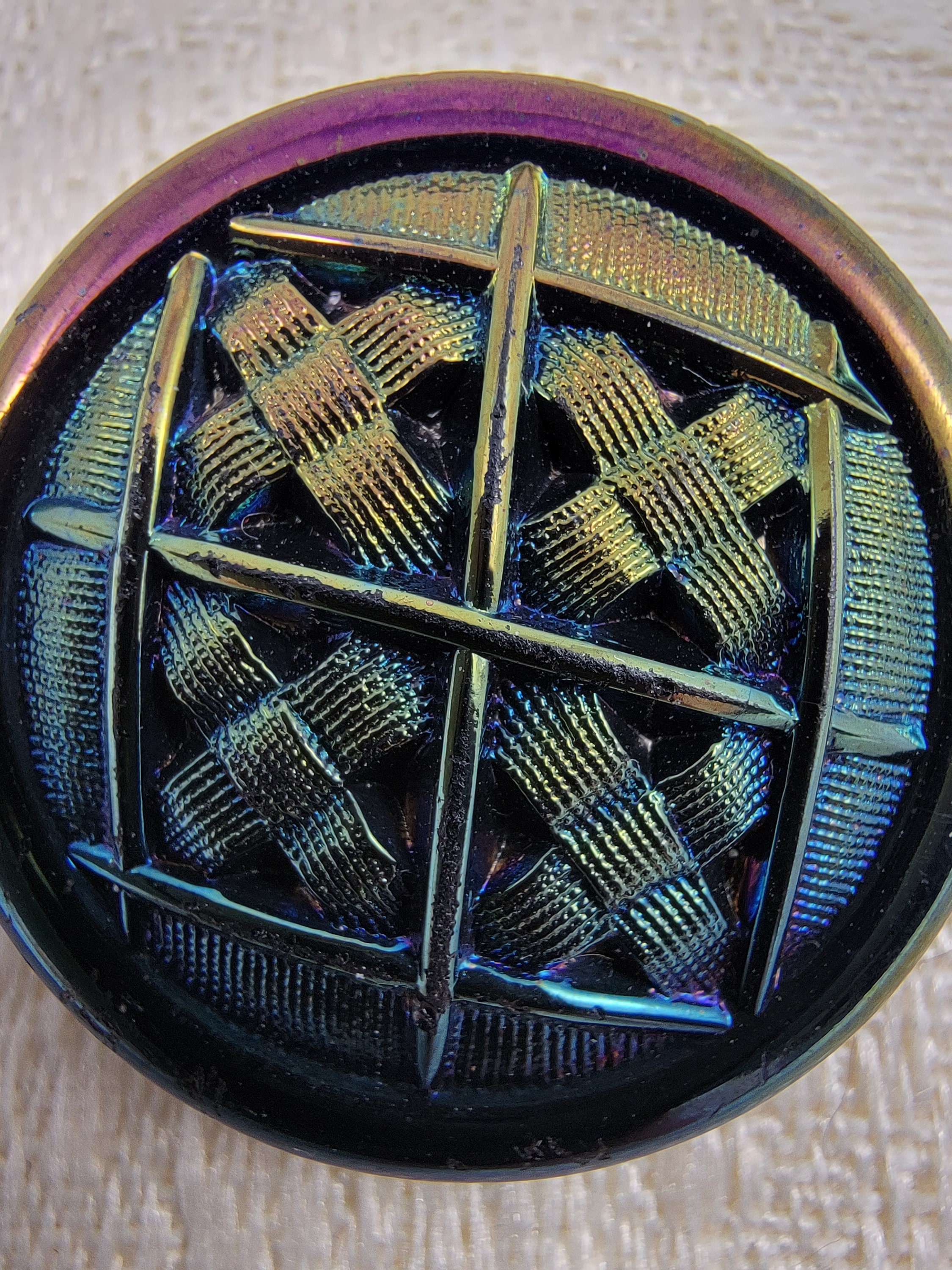 Vintage Antique Iridescent Black Glass Diamond Pattern Brass Box Shank ...
