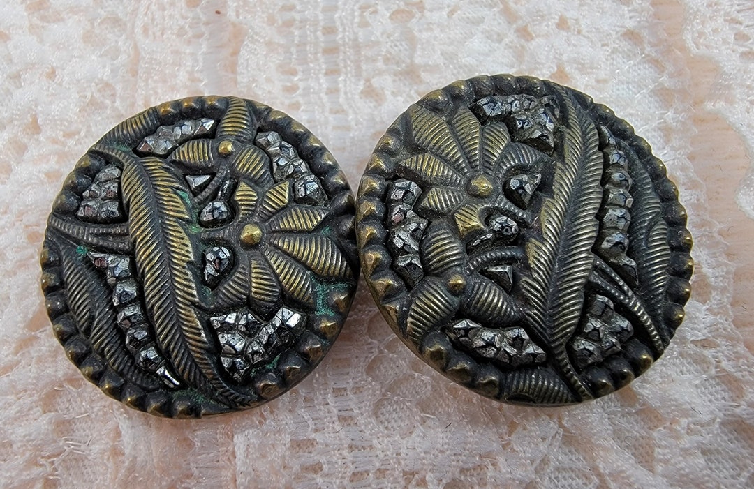 Vintage Stamped Brass and Steel Cut Floral Design Self Shank Buttons ...