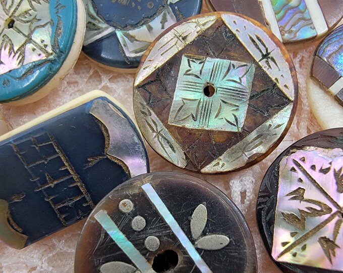Vintage Antique MOP Shell Inlay Horn Celluloid Buttons - Mixed Lot of 9 ...