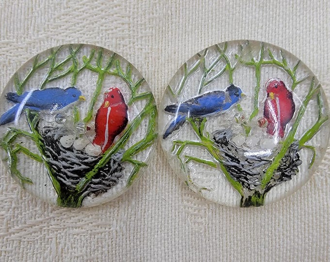 Vintage Blue Red Bird Design Reverse Painted Clear Glass Sew Thru ...
