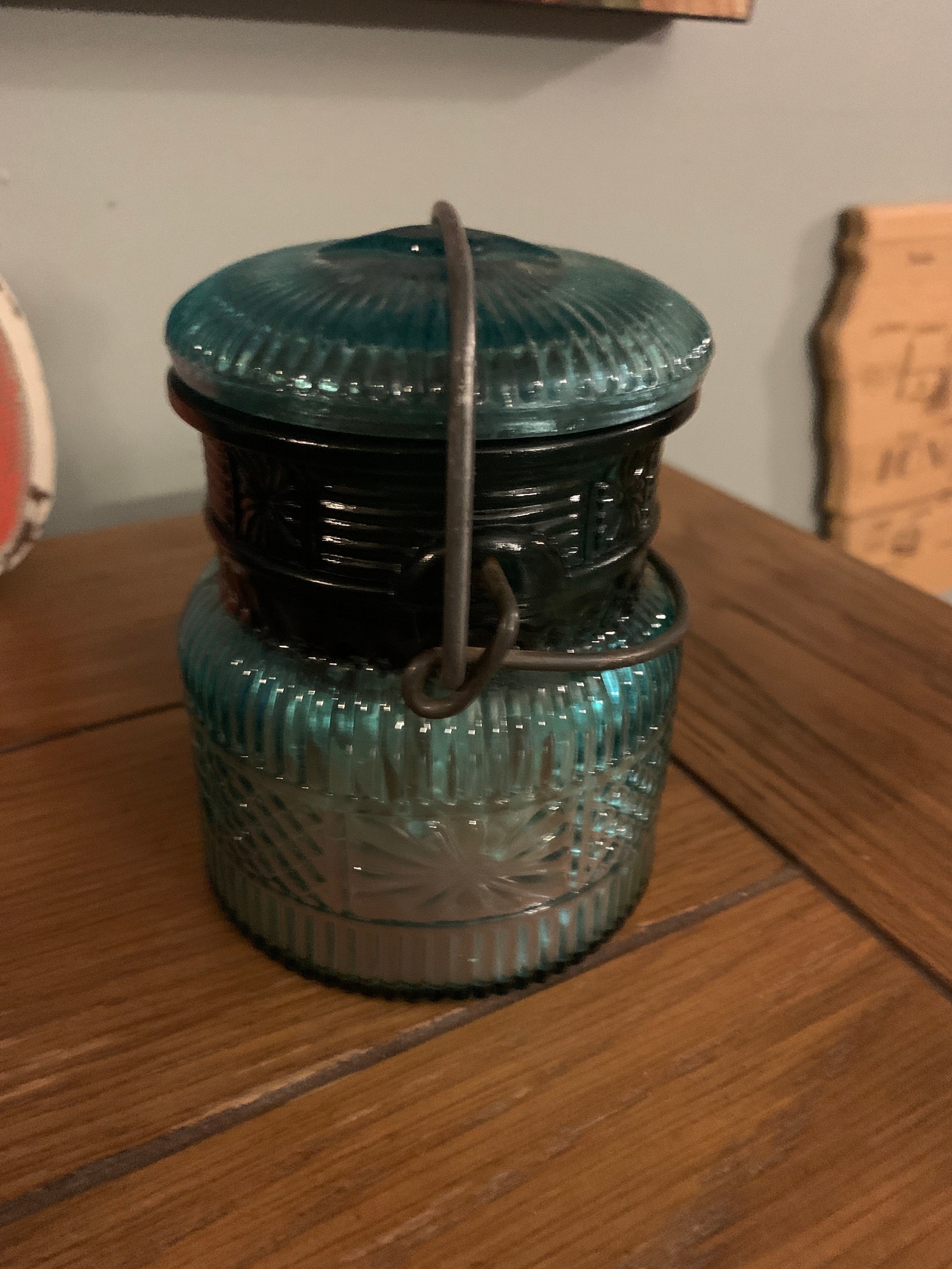 1970 Avon Sunburst Design Teal Blue Glass Vintage Jar With Wire Bale - Etsy